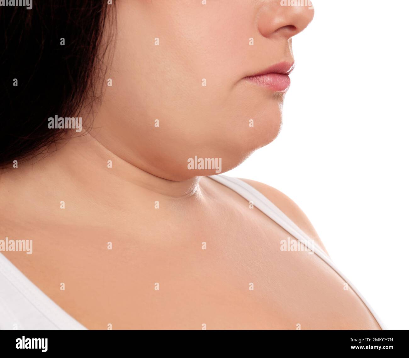 Woman with double chin on white background, closeup Stock Photo - Alamy