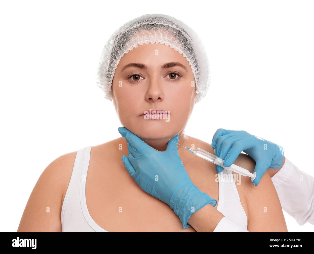 Woman with double chin getting injection on white background. Cosmetic ...