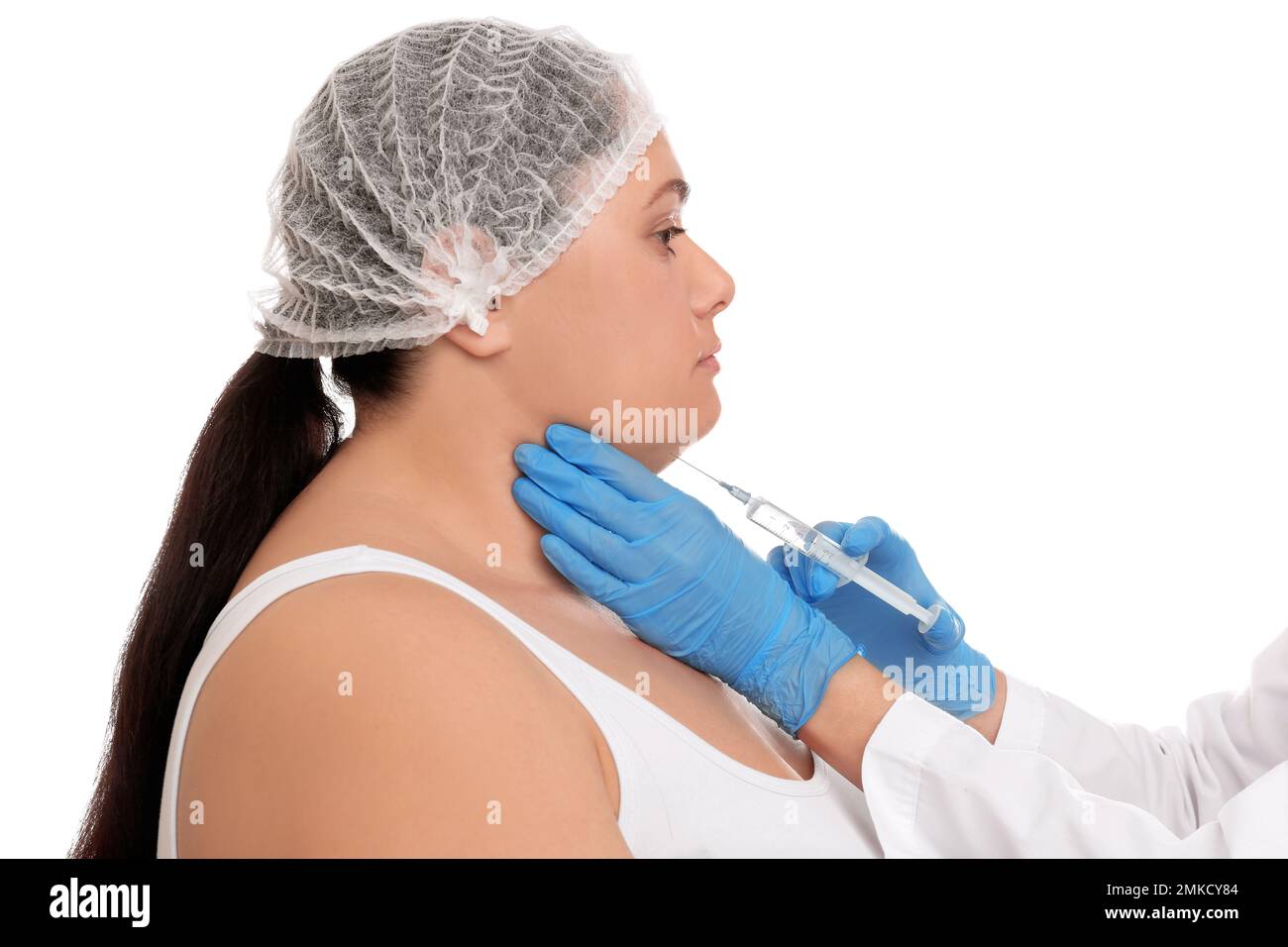 Woman with double chin getting injection on white background. Cosmetic ...