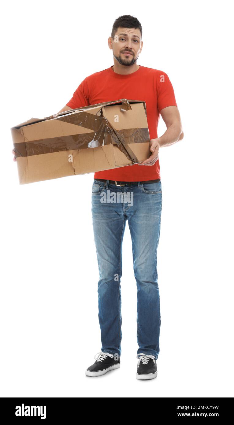 Emotional courier with damaged cardboard box on white background. Poor ...