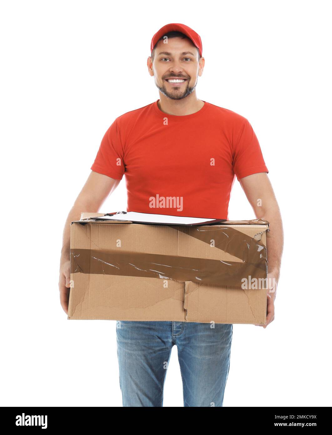 Courier with damaged cardboard box and clipboard on white background ...