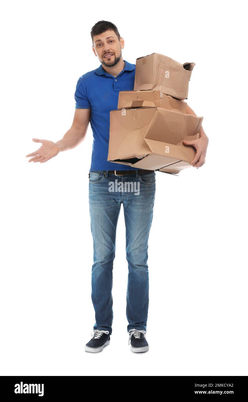 Emotional courier with damaged cardboard boxes on white background ...