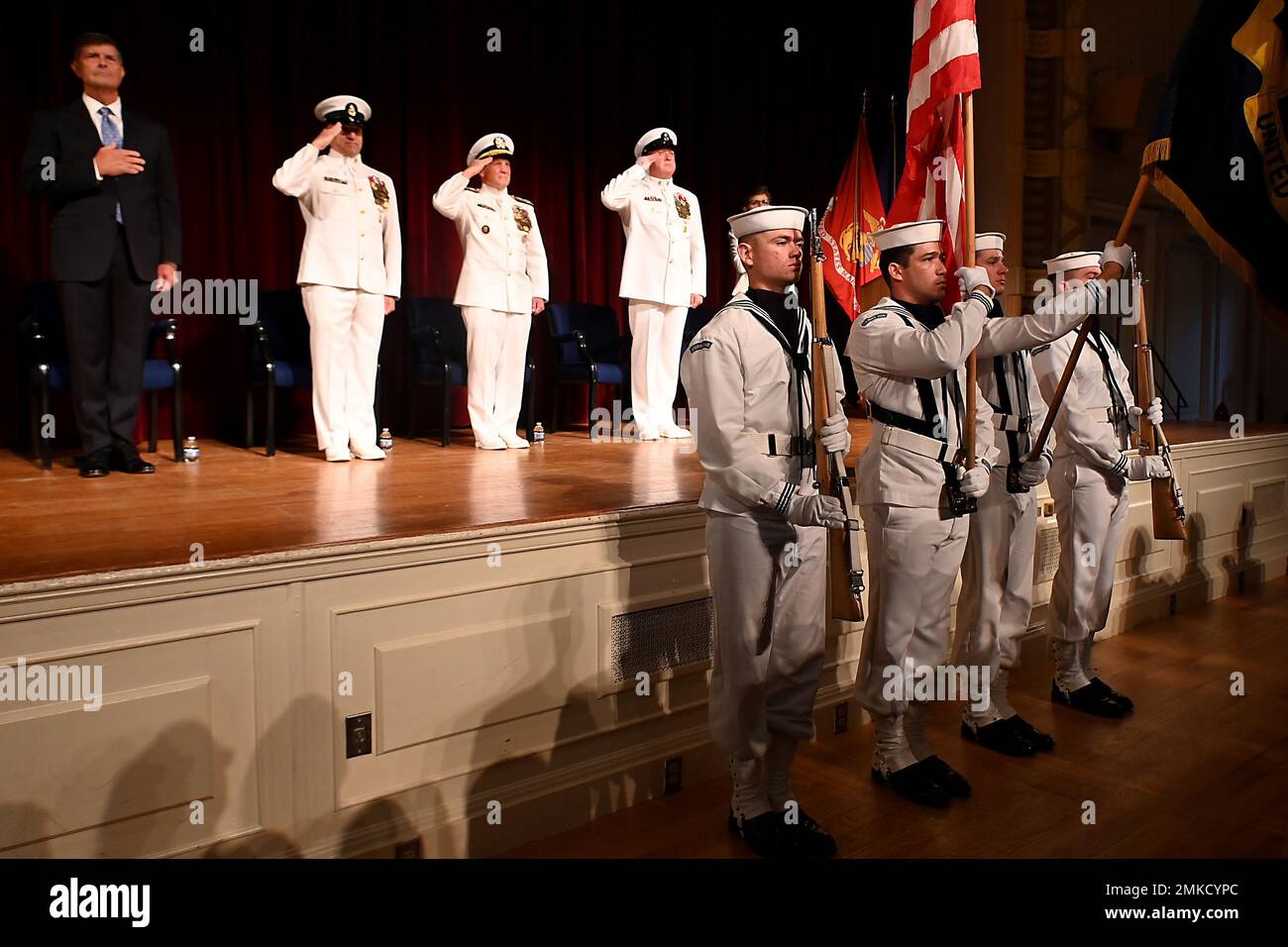 220908-N-UB993-1104 ANNAPOLIS, Md. (Sept. 8, 2022) U.S. Navy Ceremonial Guard present the colors ...