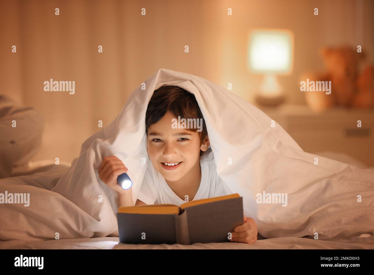 Boy with flashlight reading book under blanket at home Stock Photo - Alamy