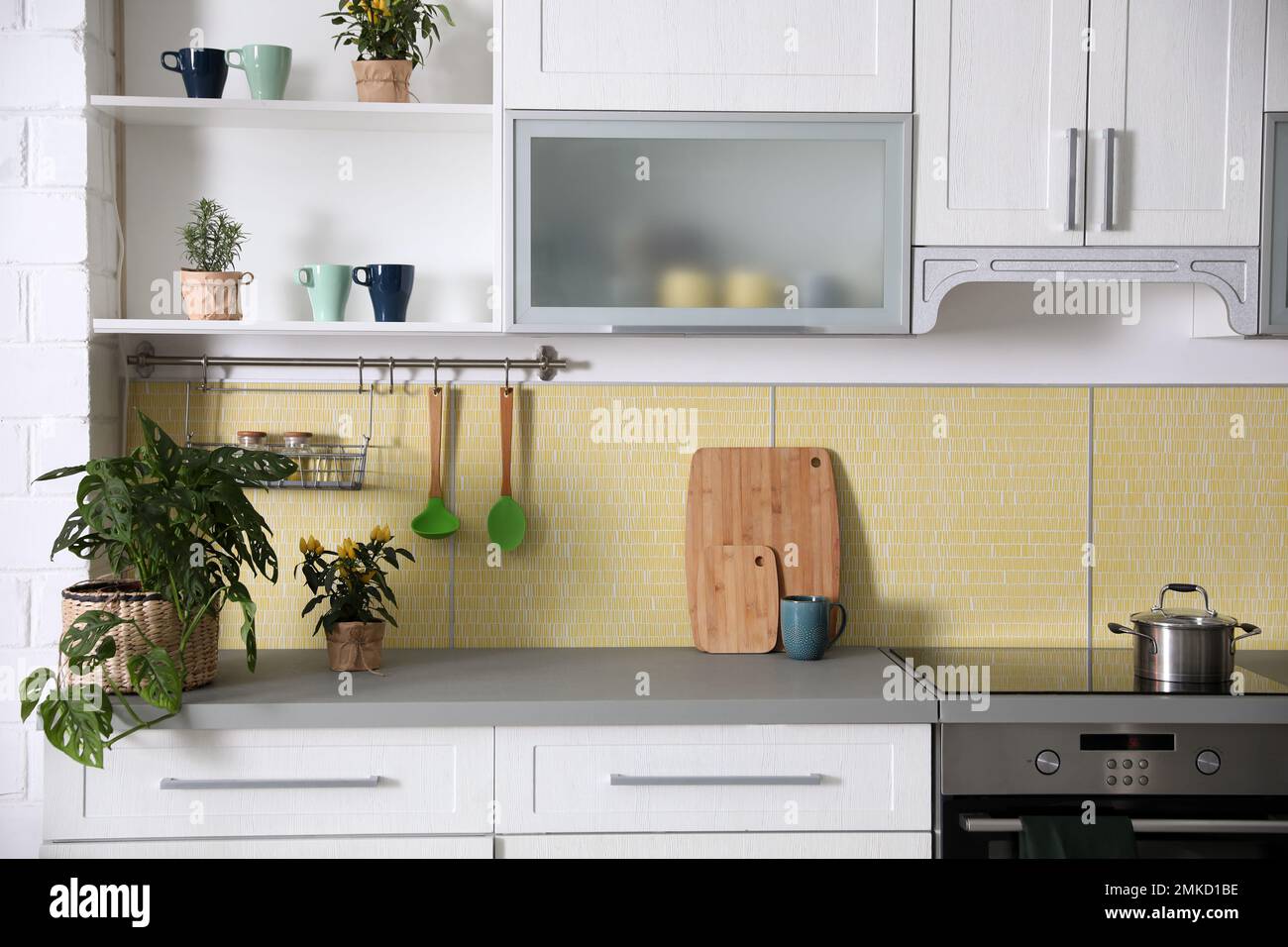 Beautiful green potted plants in kitchen. Home decoration Stock Photo ...
