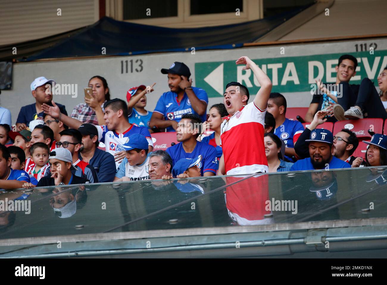 A Necaxa fan celebrates a goal surrounded by Cruz Azul fans during a ...