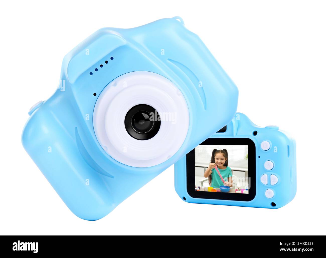 Blue toy cameras on white background in collage, one with photo of cute ...
