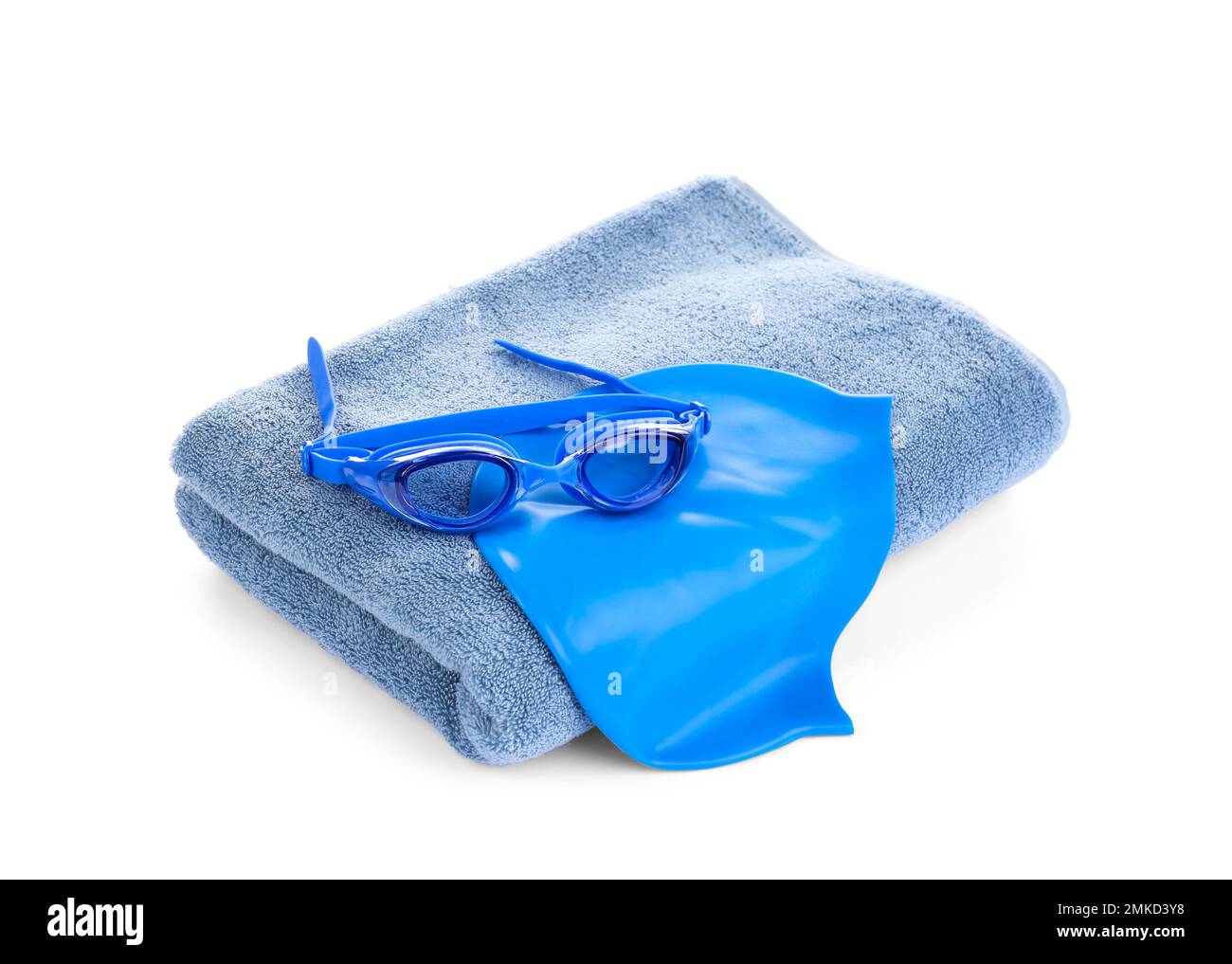 Swimming cap, goggles and towel isolated on white Stock Photo - Alamy