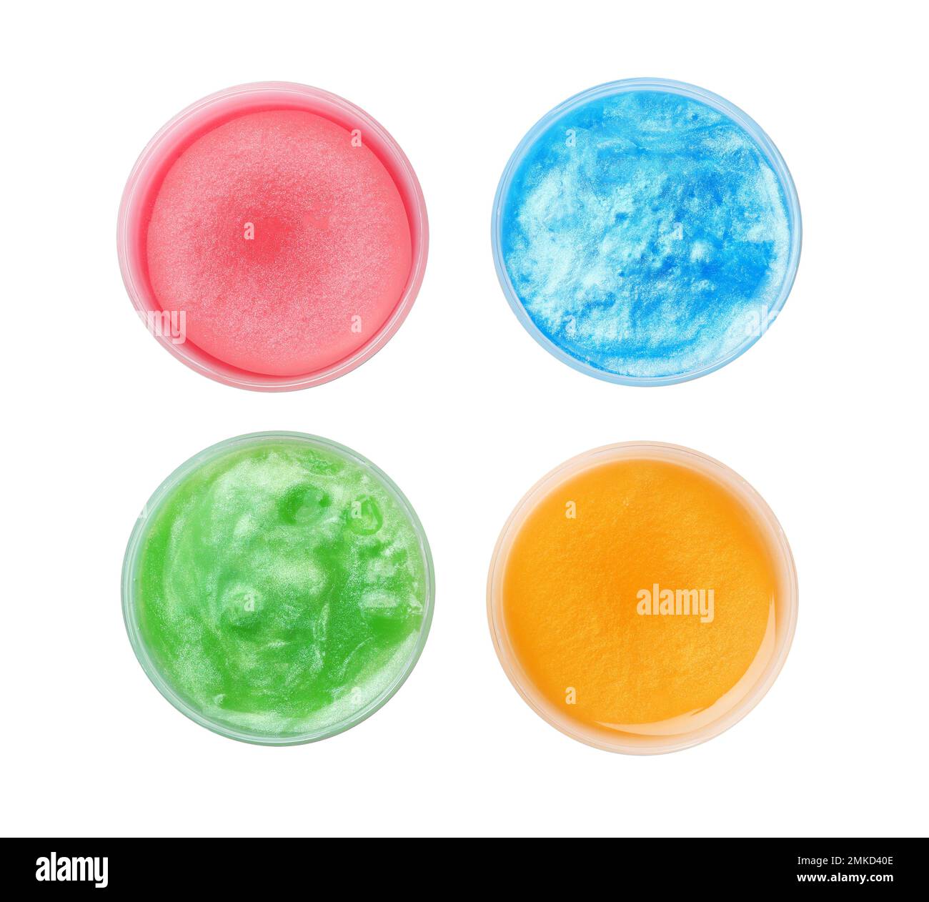 Colorful slimes in plastic containers on white background, top view ...
