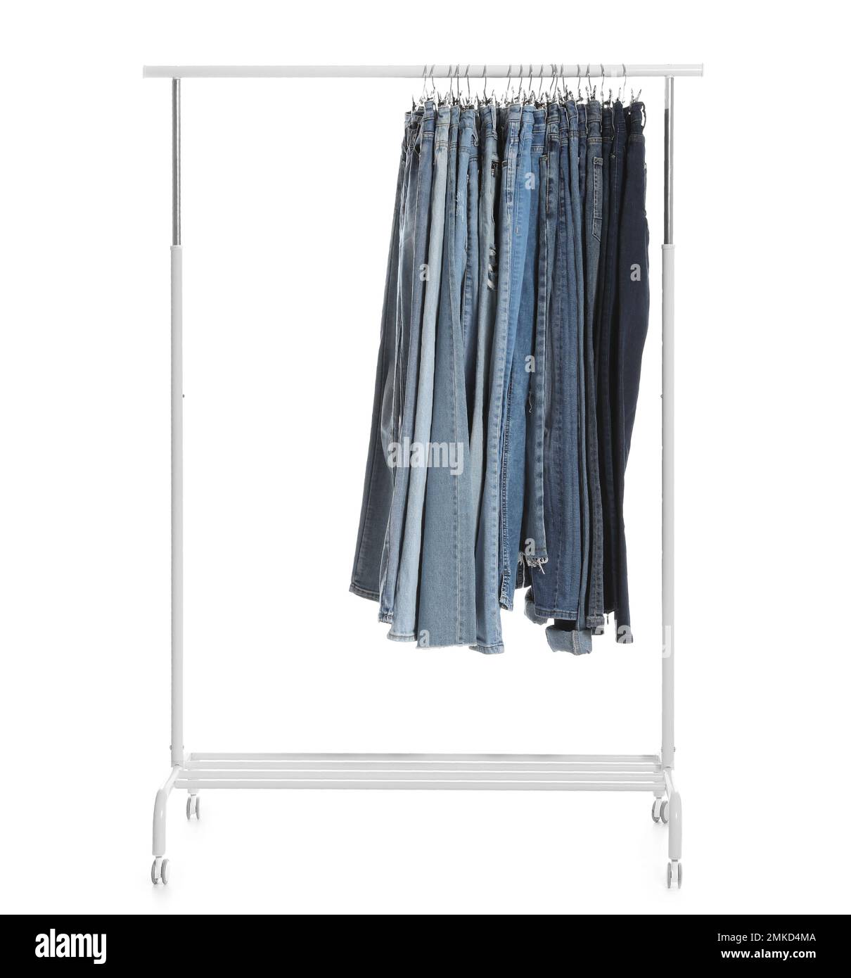 Rack with different jeans isolated on white Stock Photo - Alamy