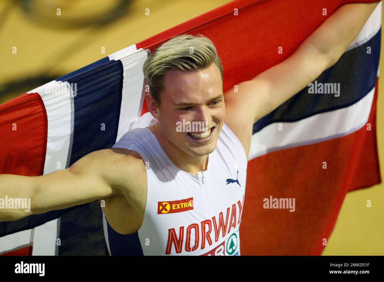 Karsten Warholm of Norway celebrates after winning the men's 400 meters ...