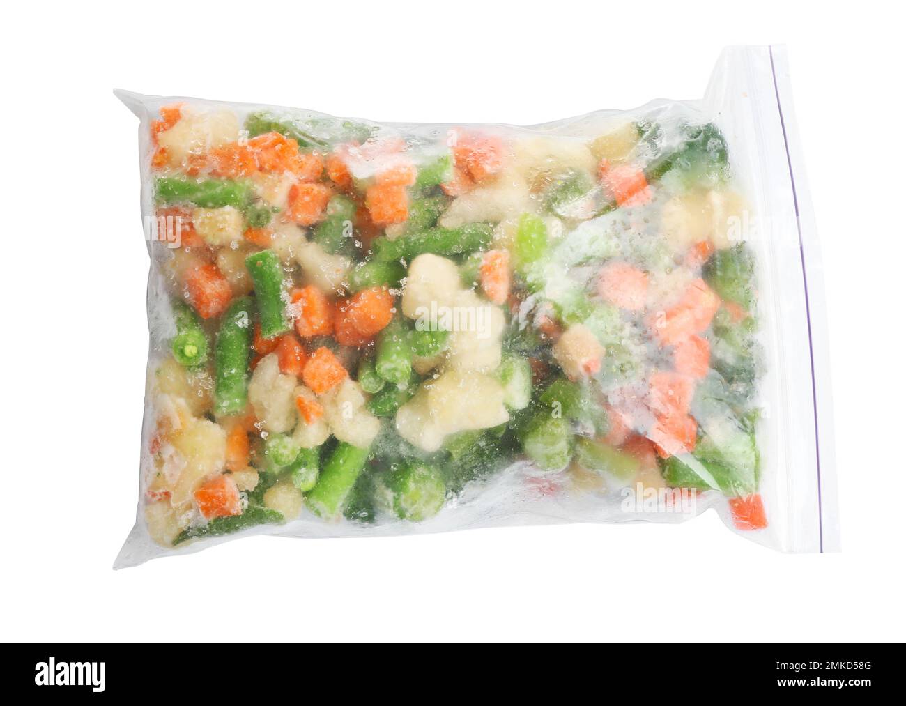 Frozen vegetables in plastic bag isolated on white, top view Stock ...