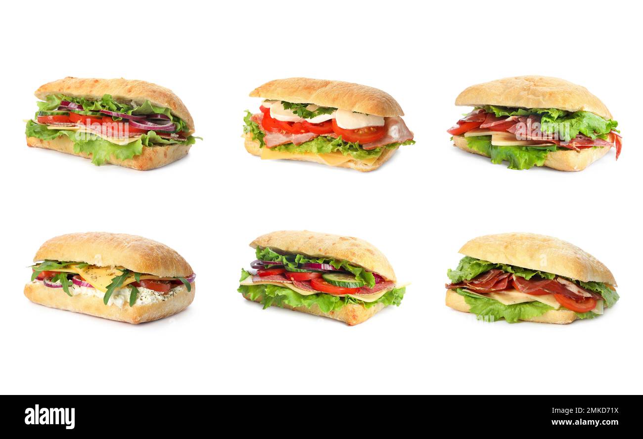 Set of delicious sandwiches on white background Stock Photo - Alamy