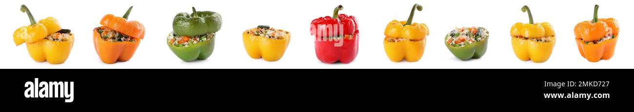 Set of delicious stuffed bell peppers on white background. Banner ...