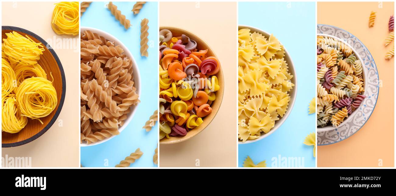 Different types of uncooked pasta, top view. Photo collage Stock Photo ...
