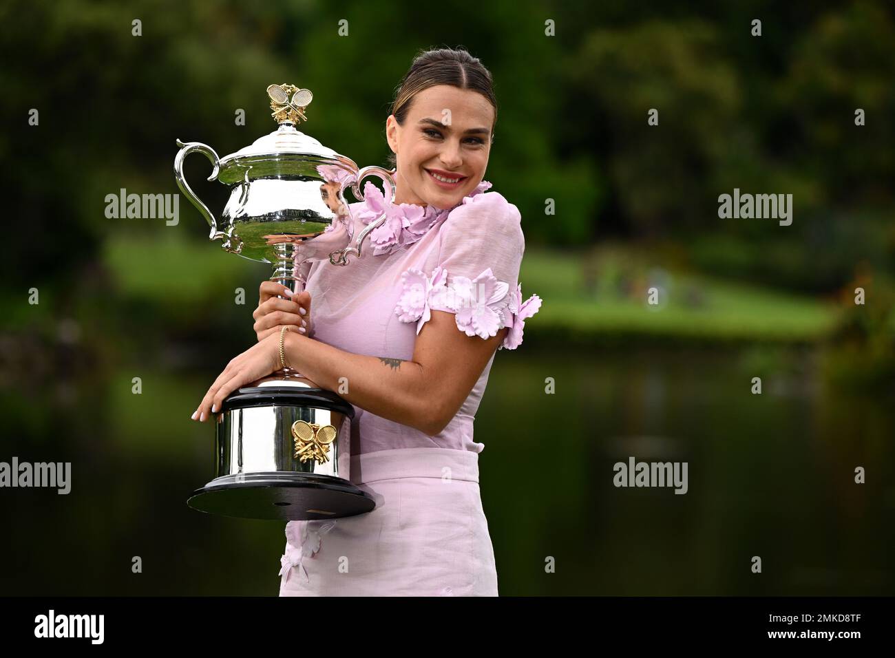 Aryna Sabalenka of Belarus poses for a photo with the Daphne Akhurst Memorial Cup following her ...