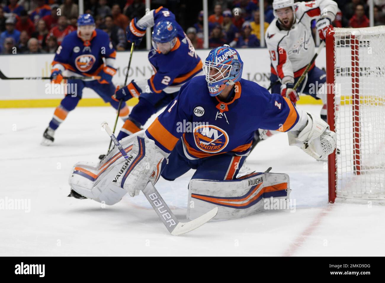 New York Islanders goaltender Thomas Greiss during the first period of an NHL hockey game ...