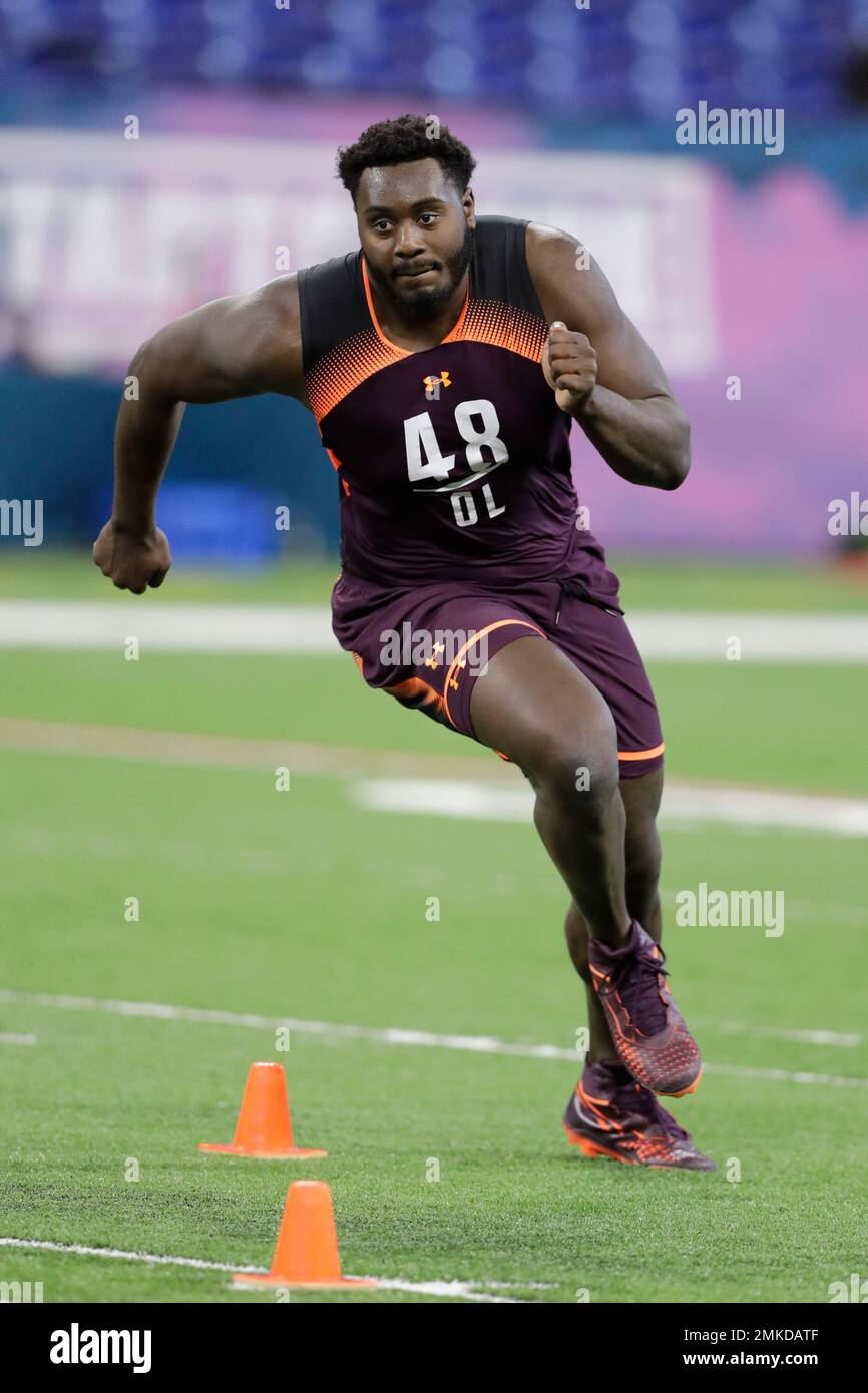 Ohio State offensive lineman Isaiah Prince runs a drill during the NFL ...