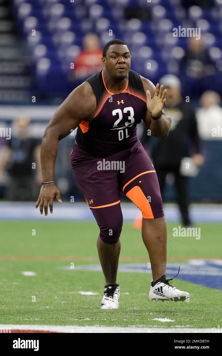 Wake Forest offensive lineman Phil Haynes runs a drill during the NFL ...