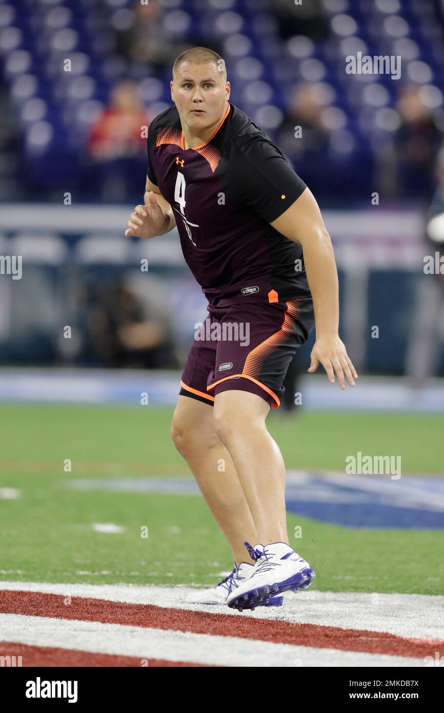 Utah offensive lineman Jackson Barton runs a drill during the NFL ...