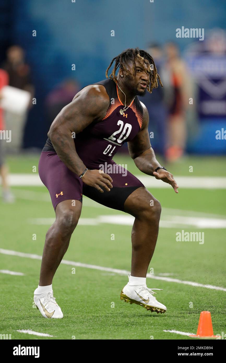 Maryland offensive lineman Derwin Gray runs a drill during the NFL ...