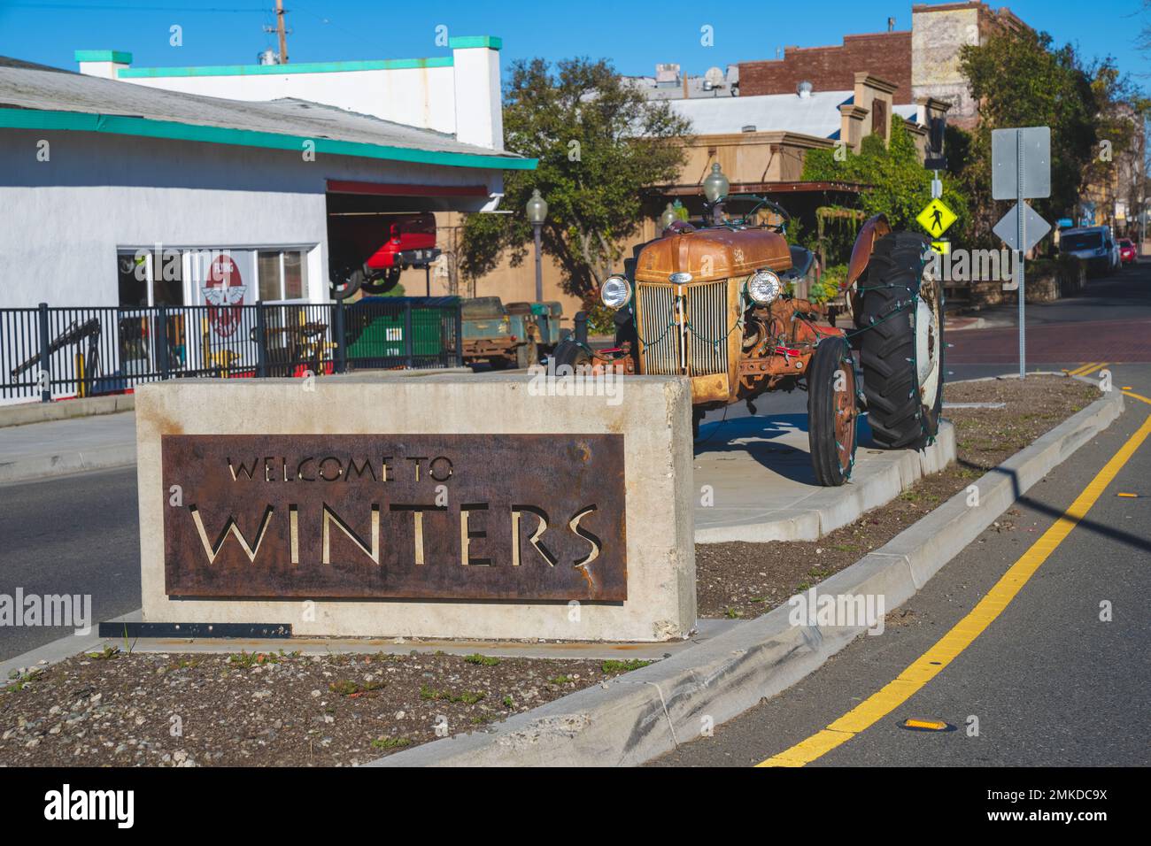 City sign welcoming you to the small town of Winters in northern ...