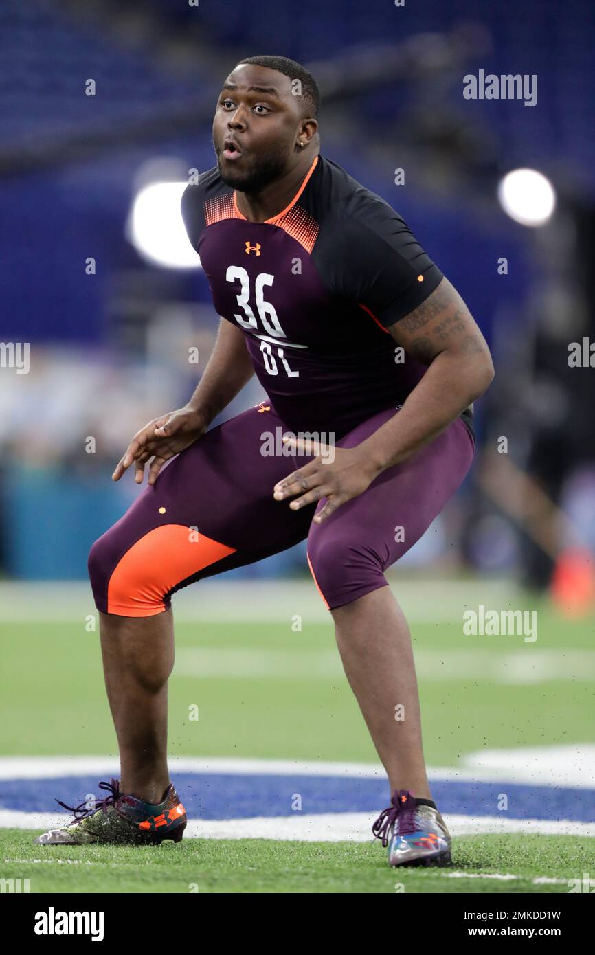 Mississippi offensive lineman Greg Little runs a drill at the NFL ...