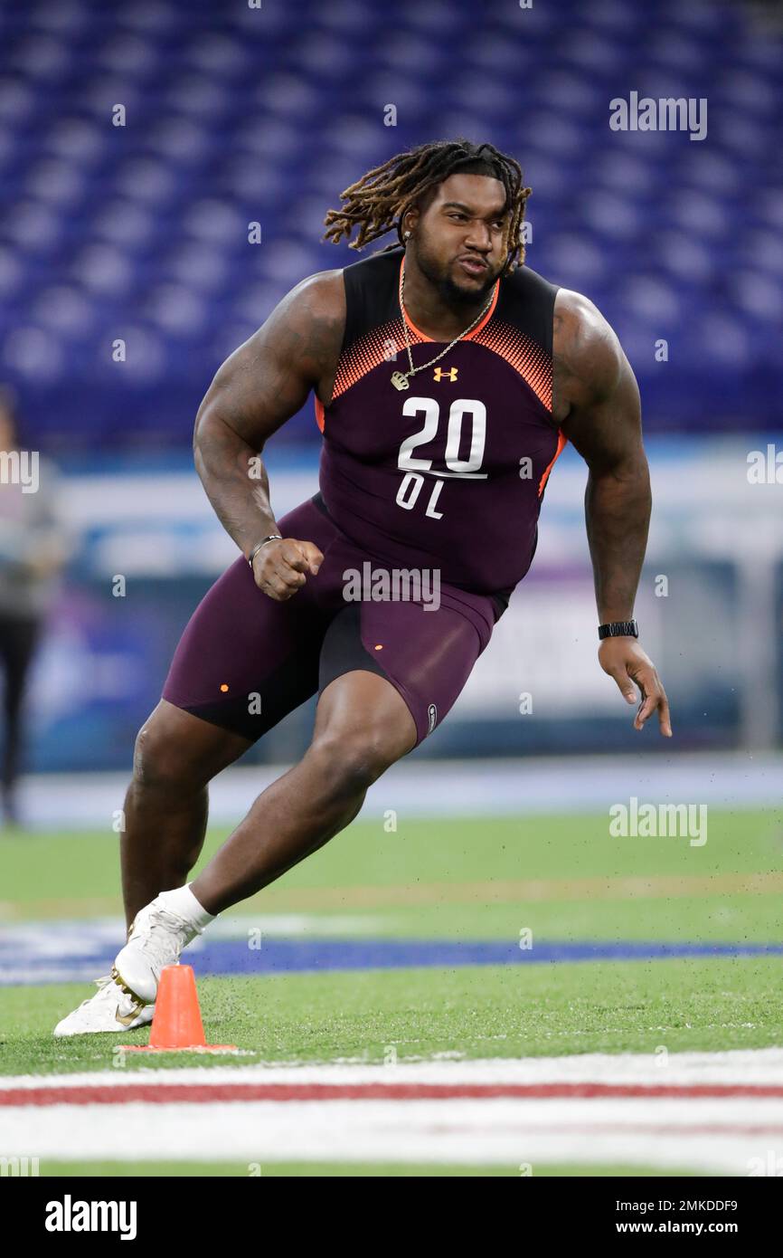 Maryland offensive lineman Derwin Gray runs a drill at the NFL football ...