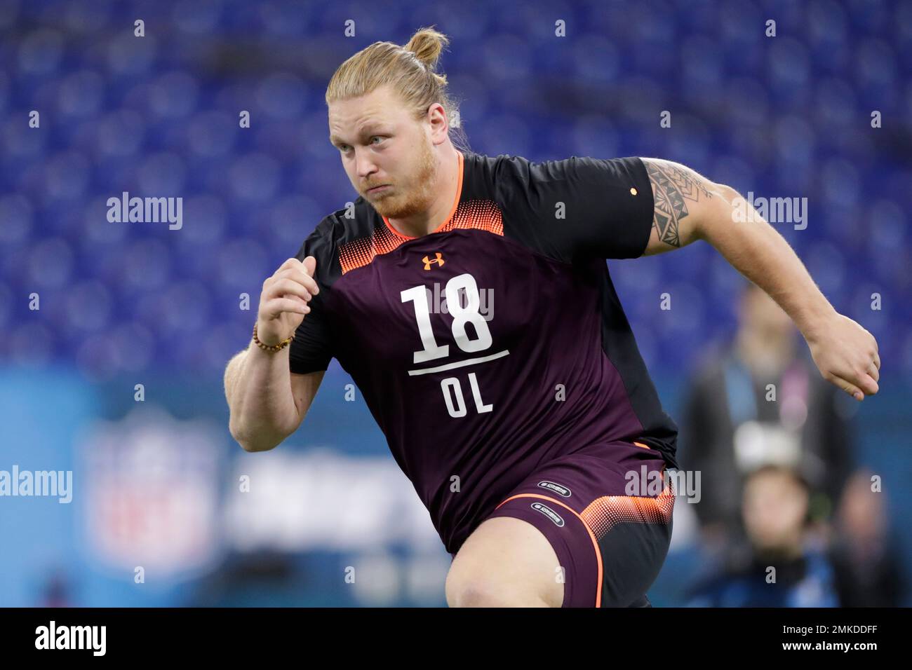 Arkansas offensive lineman Hjalte Froholdt runs a drill at the NFL ...