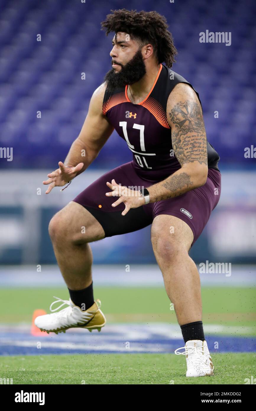 Oklahoma offensive lineman Cody Ford runs a drill at the NFL football ...