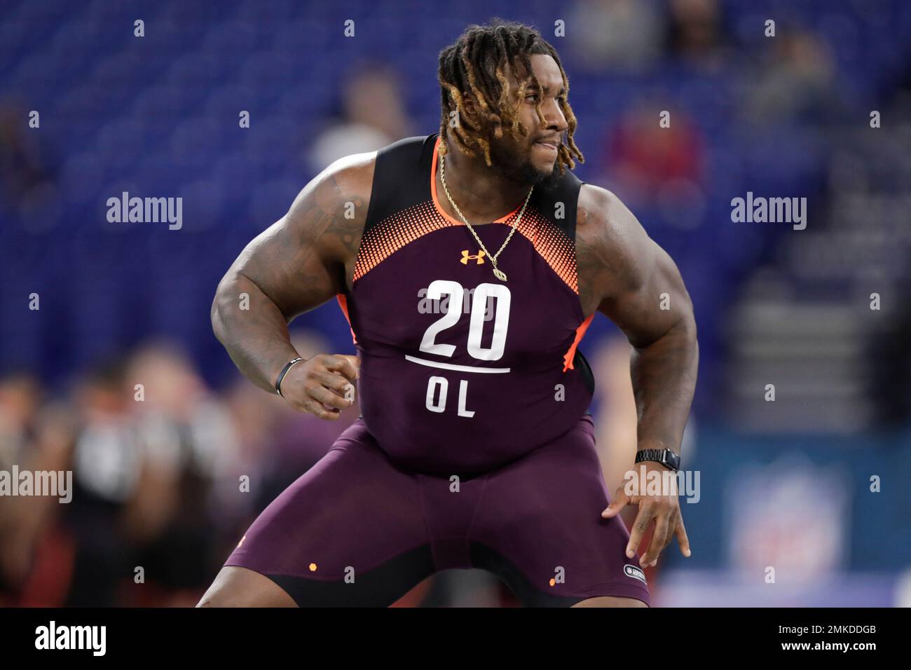 Maryland offensive lineman Derwin Gray runs a drill at the NFL football ...