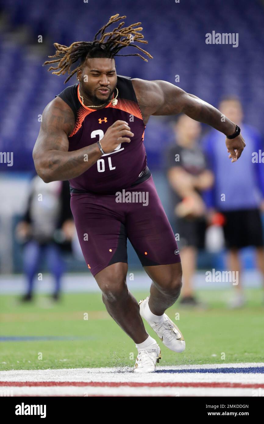 Maryland offensive lineman Derwin Gray runs a drill at the NFL football ...