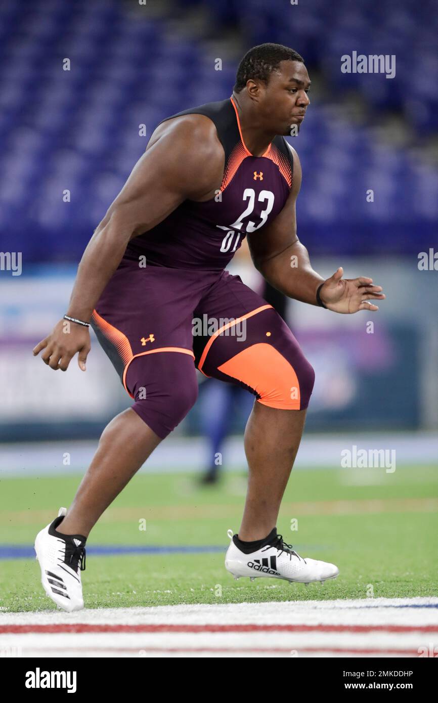 Wake Forest offensive lineman Phil Haynes runs a drill at the NFL ...