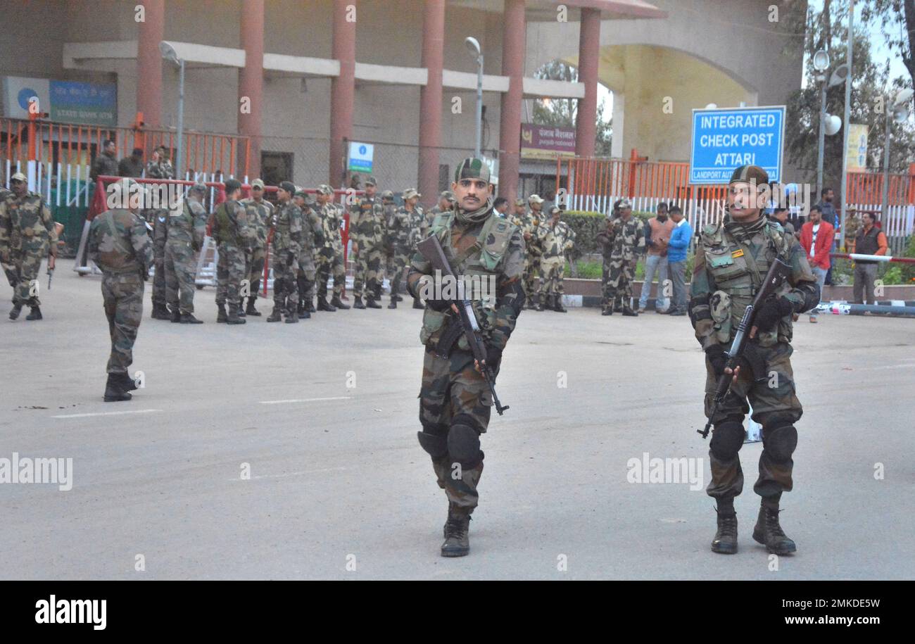 Indian army soldiers patrol outside integrated check post at Atari from ...