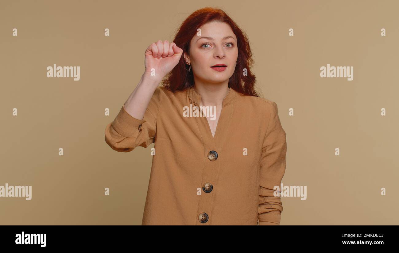 Knock Knock Who Is There Confused Redhead Woman Knocking Door Gesture