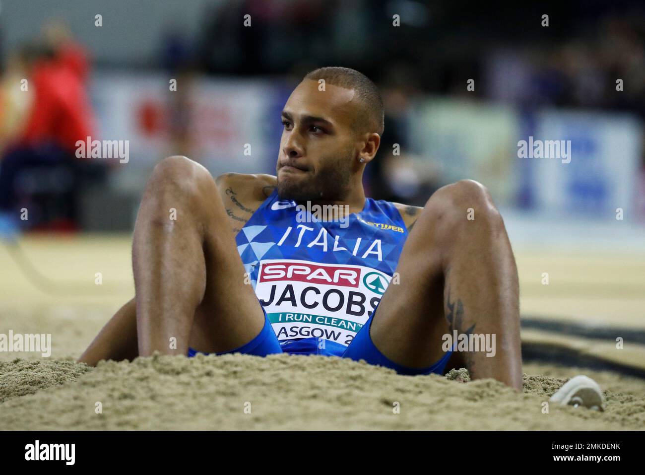 Marcell Lamont Jacobs of Italy lands after an attempt in the men's long ...