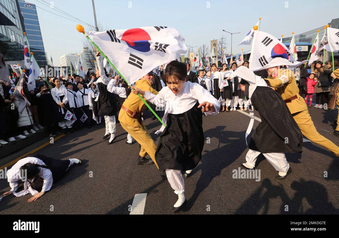 Actors reenact the March First Independence Movement Day against ...