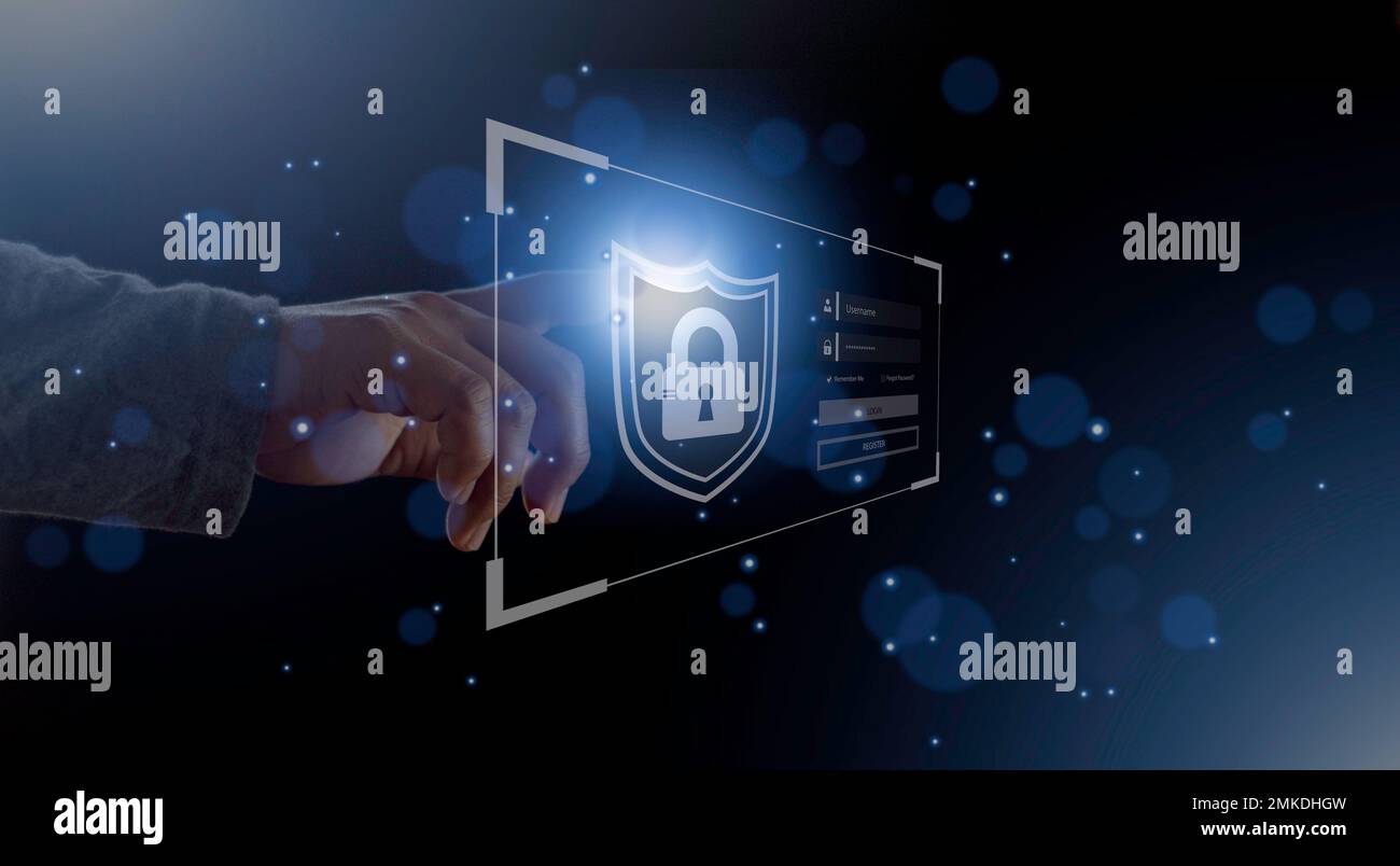 cyber security internet and networking concept. Businessman hand ...