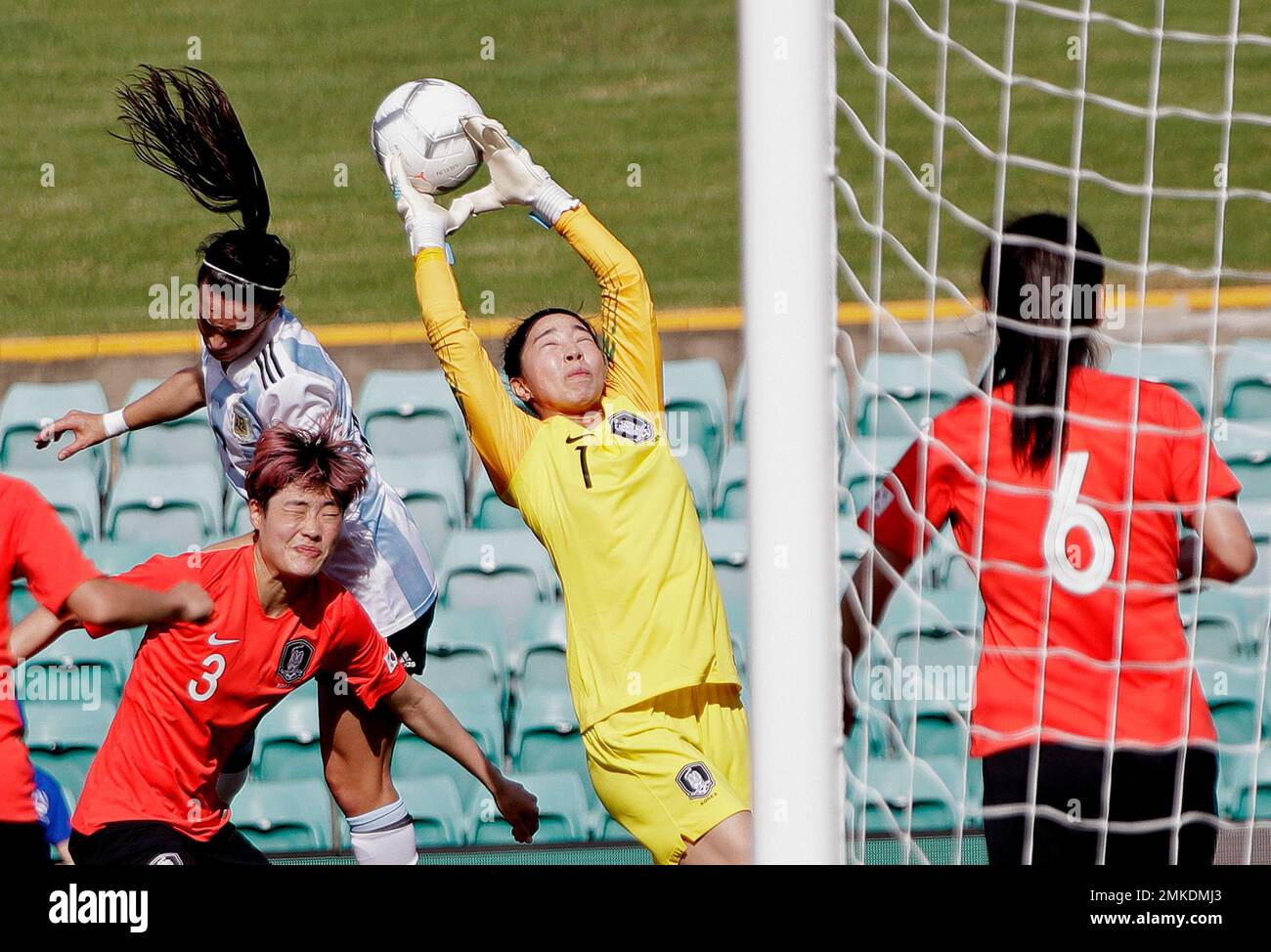 South Korea's goalkeeper, center, Gaae Kang grabs the ball before ...