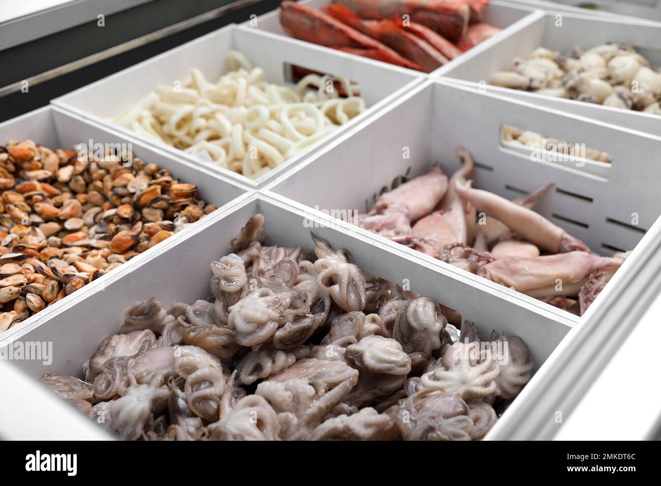 Different types of seafood on display. Wholesale market Stock Photo - Alamy
