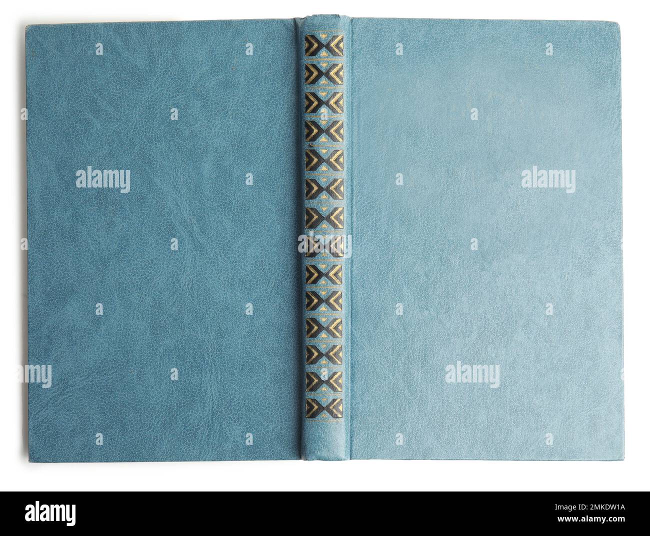 Open old book with vintage light blue cover isolated on white, top view ...
