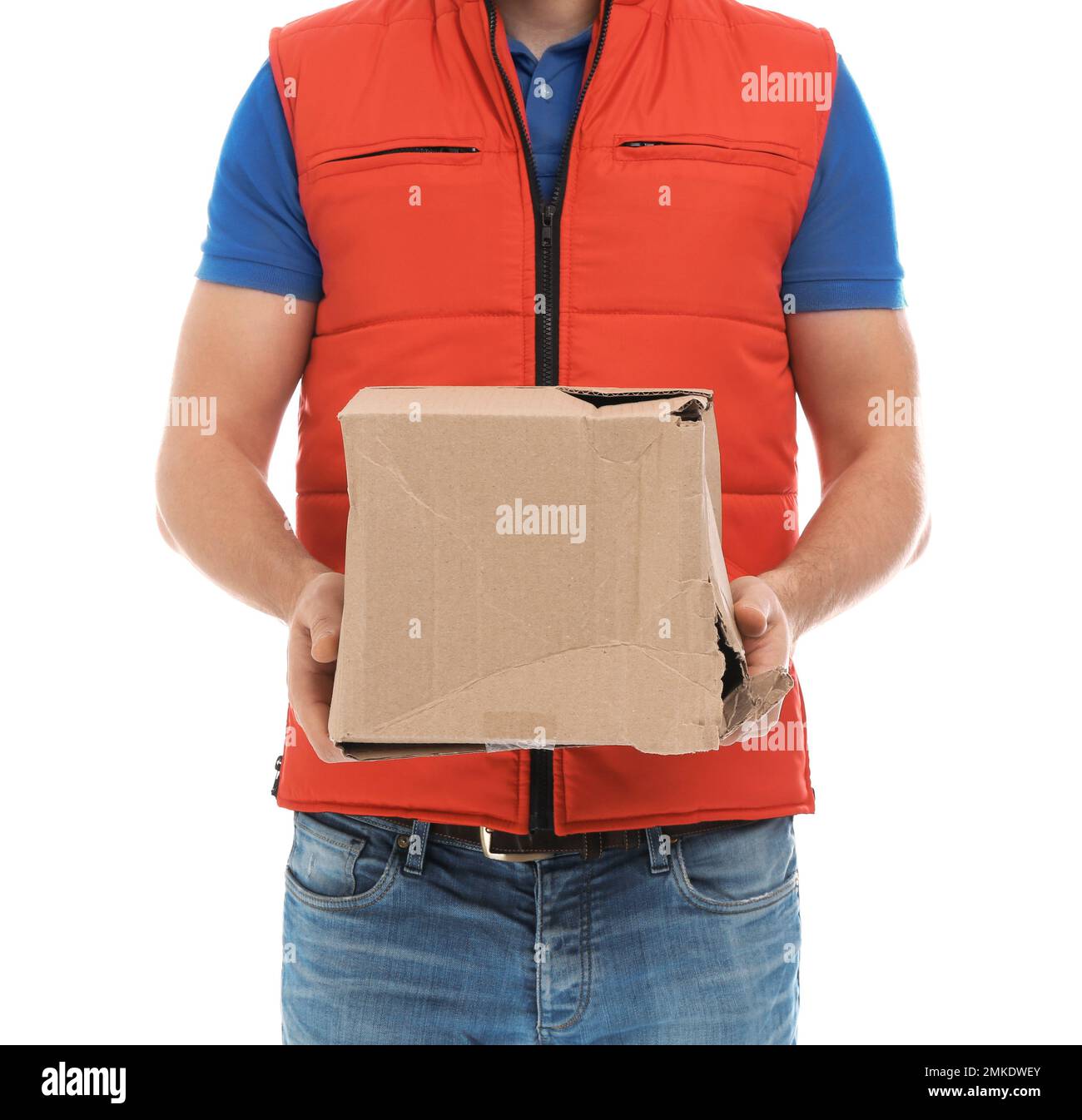 Courier with damaged cardboard box on white background, closeup. Poor ...