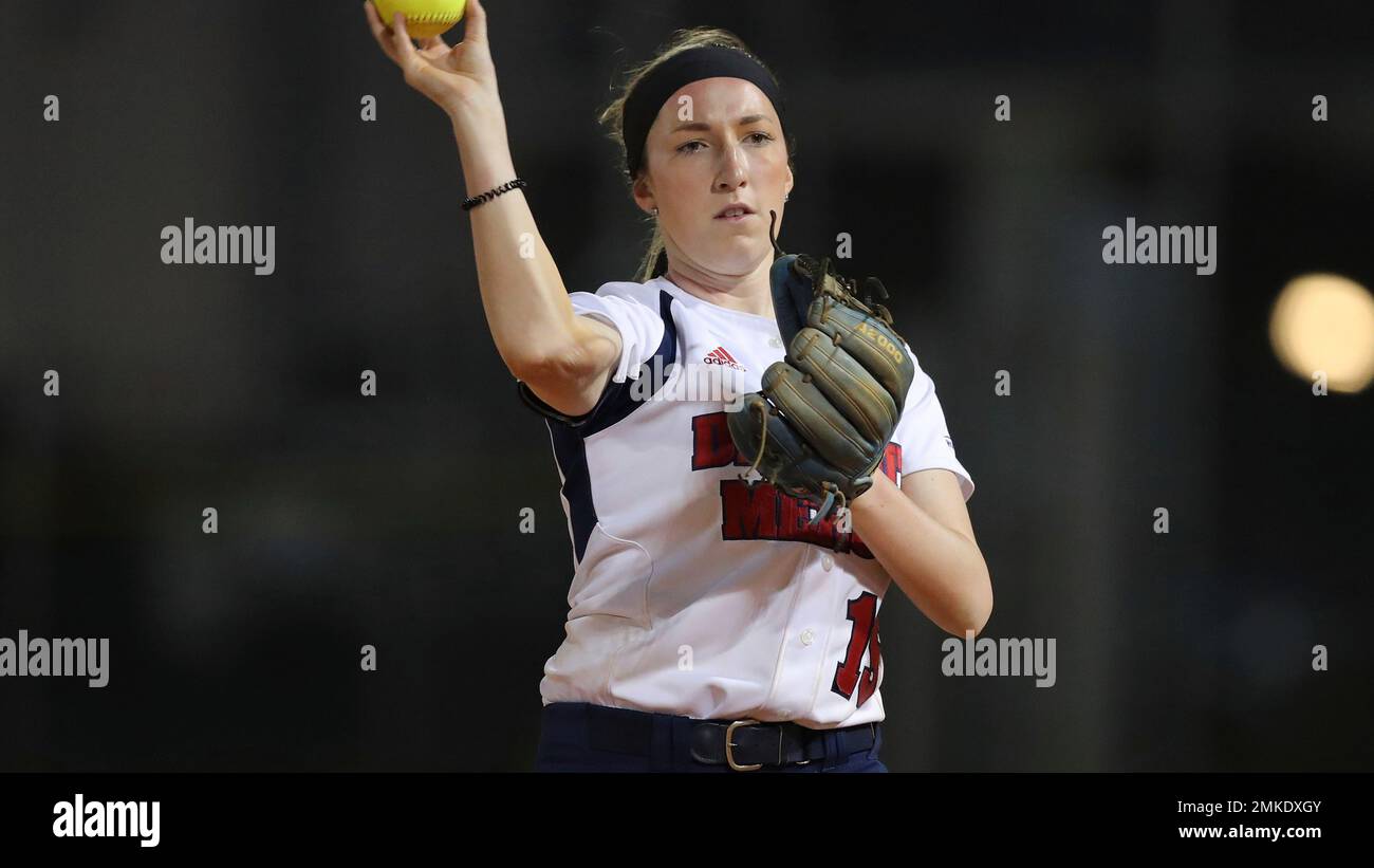 Alyssa Lang of Detroit Mercy Mercy fields during an NCAA softball game ...