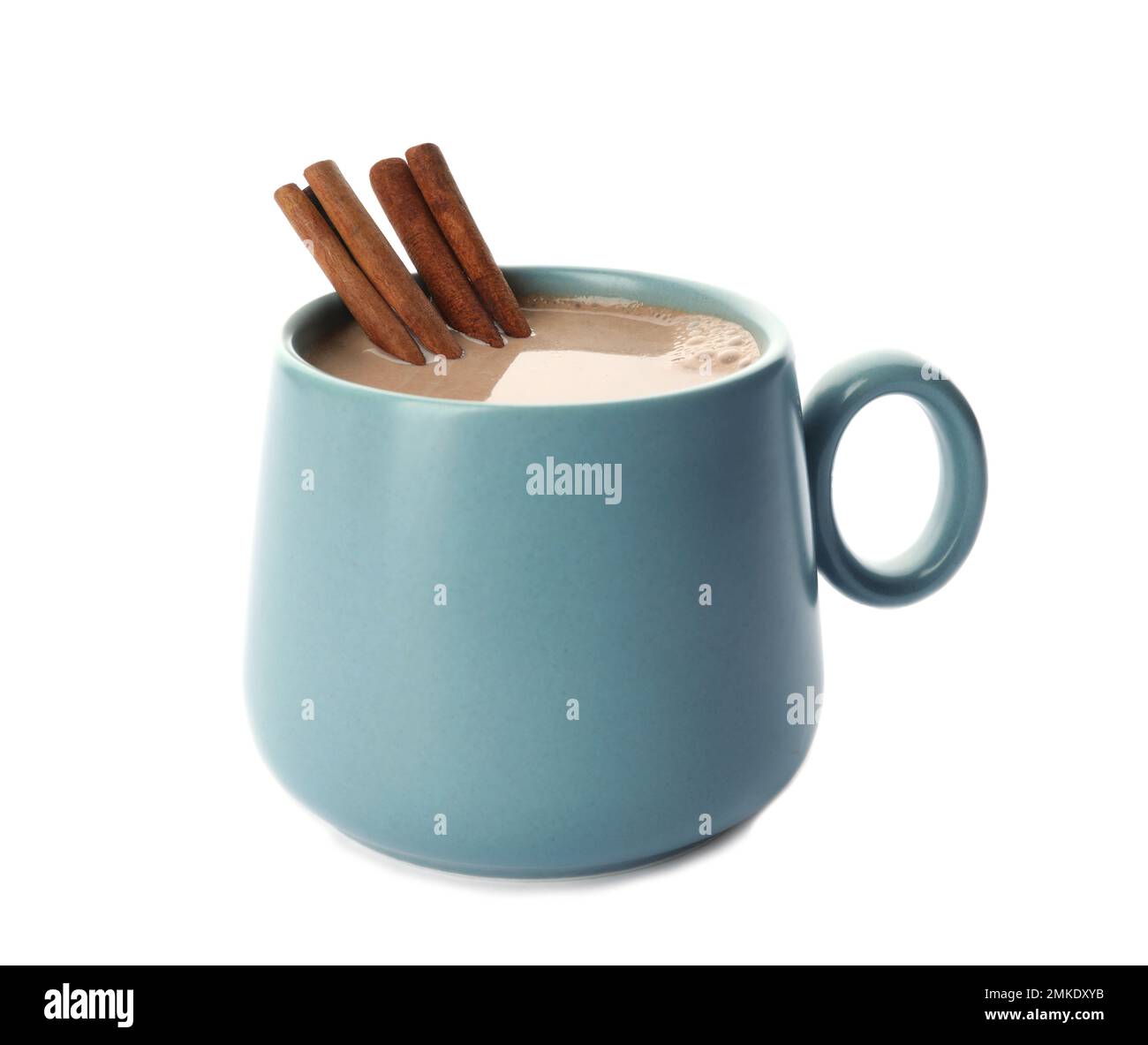 Delicious cocoa drink with cinnamon sticks on white background Stock ...