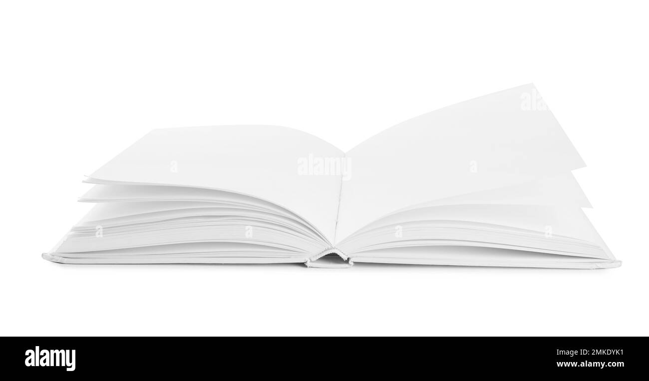 Open used hardcover book isolated on white Stock Photo - Alamy