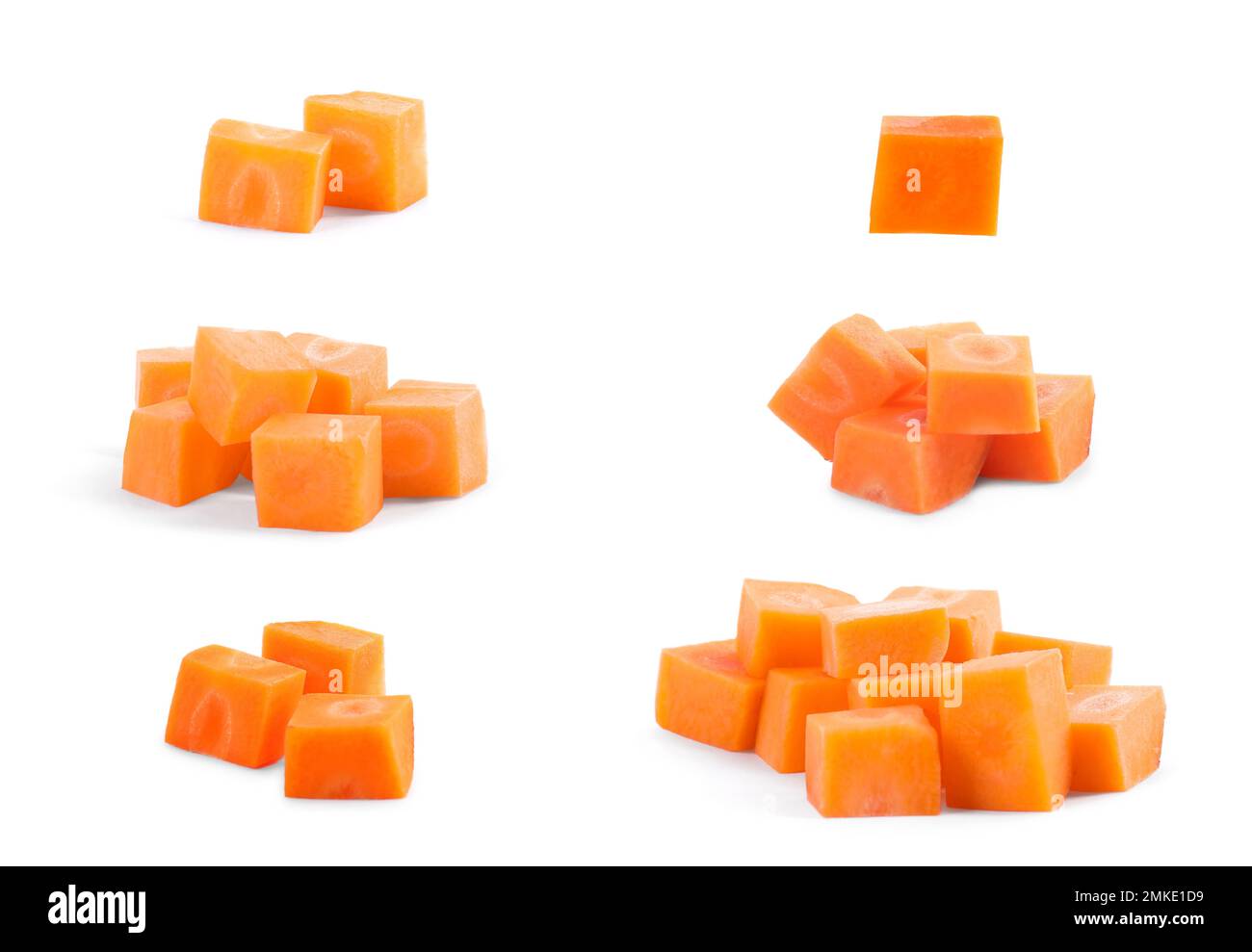 Set of cut fresh ripe carrots on white background Stock Photo - Alamy