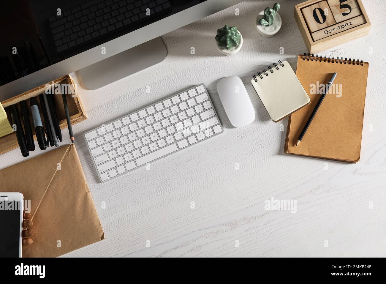 Designer's workplace with modern computer and stationery, flat lay ...