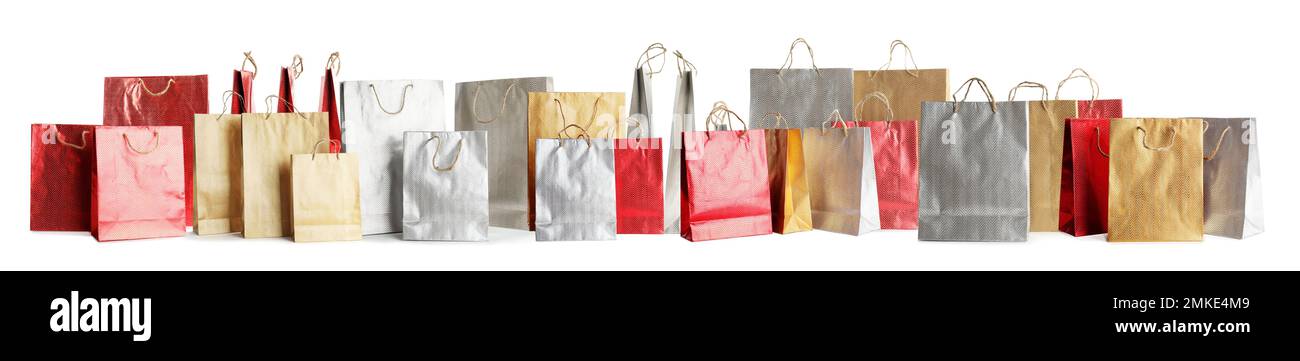 Set of paper shopping bags on white background. Banner design Stock ...