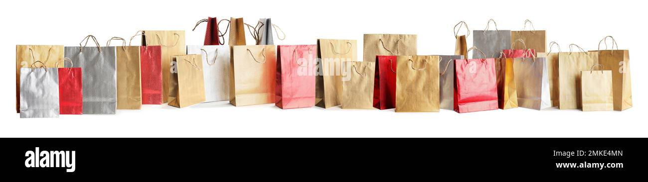 Set of paper shopping bags on white background. Banner design Stock ...