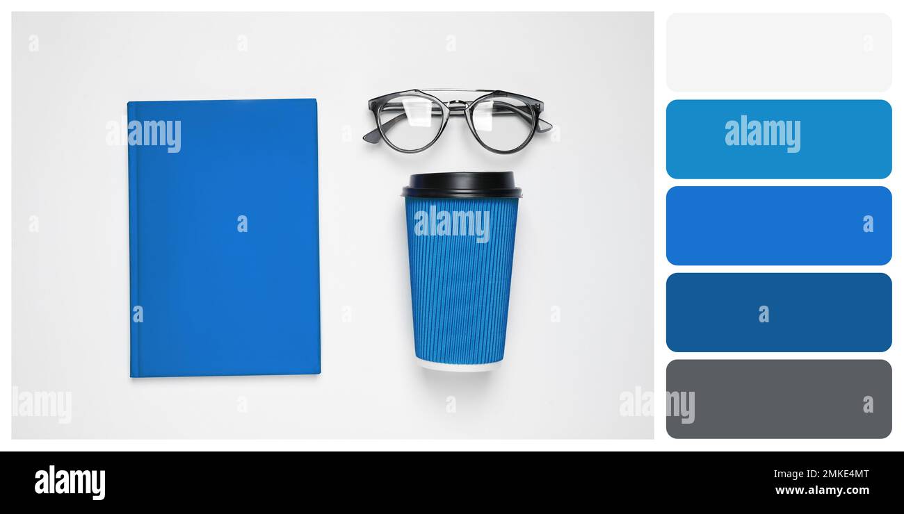 Flat lay composition inspired by color of the year 2020 (Classic blue ...